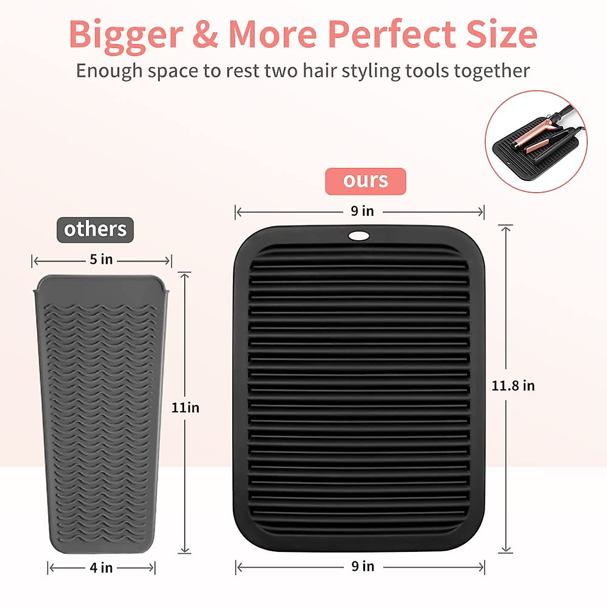 Large Silicone Heat Resistant Mat, Hot Tools Straightener Mat, Professional Heat Mat for Curling Iron, Flat Iron and Hair Styling Tools, Silicone Mat for Hair Tools, with Sticky Fastener (Black)