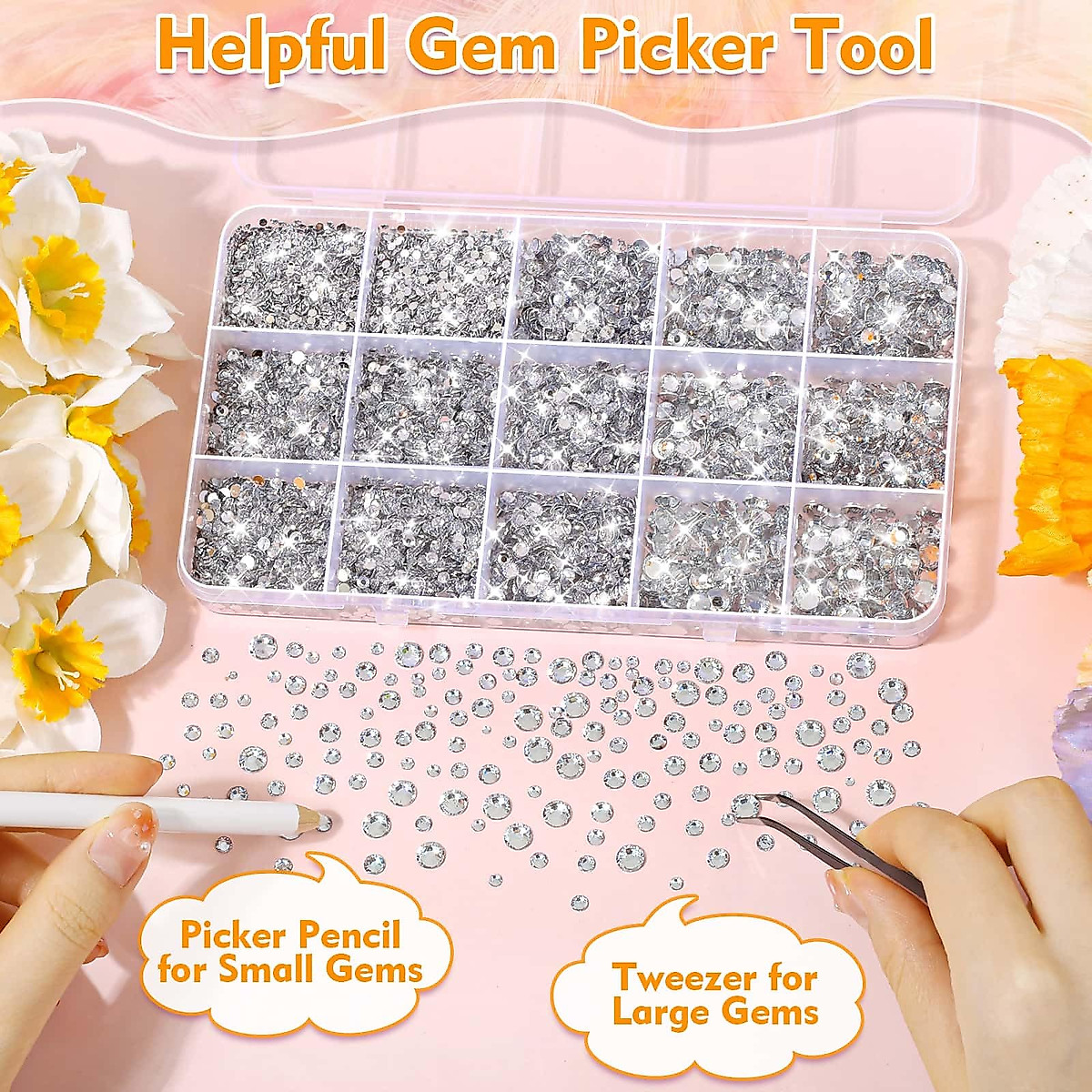 B-7000 Glue with 14000Pcs Craft Rhinestones for Clothes, Resin Silver Rhinestones Flatback Gems NonHotfix Rhinestone Bling Kit with Fabric Super Glue for Graduation Cap, Shoes, Tumblers, Makeup