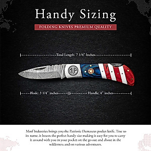 Morf Steelware Customized American Flag Damascus Pocket Knife, USA Patriotic Damascus Folding Knife Survival Pocket Knife for Men, Handmade Camping & Hunting Knife With Sheath