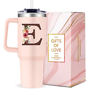 Monogrammed 40oz Tumbler with Handle for Women, Personalized Birthday Gifts for Women,Initial Cups for Woman Floral Letter E,Customized Gifts for Female Lady Gift for Mothers Day Christmas