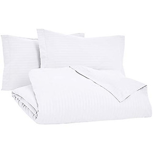 Amazon Basics Microfiber 3 Piece Duvet Cover Set, Full/Queen, Bright White, Striped
