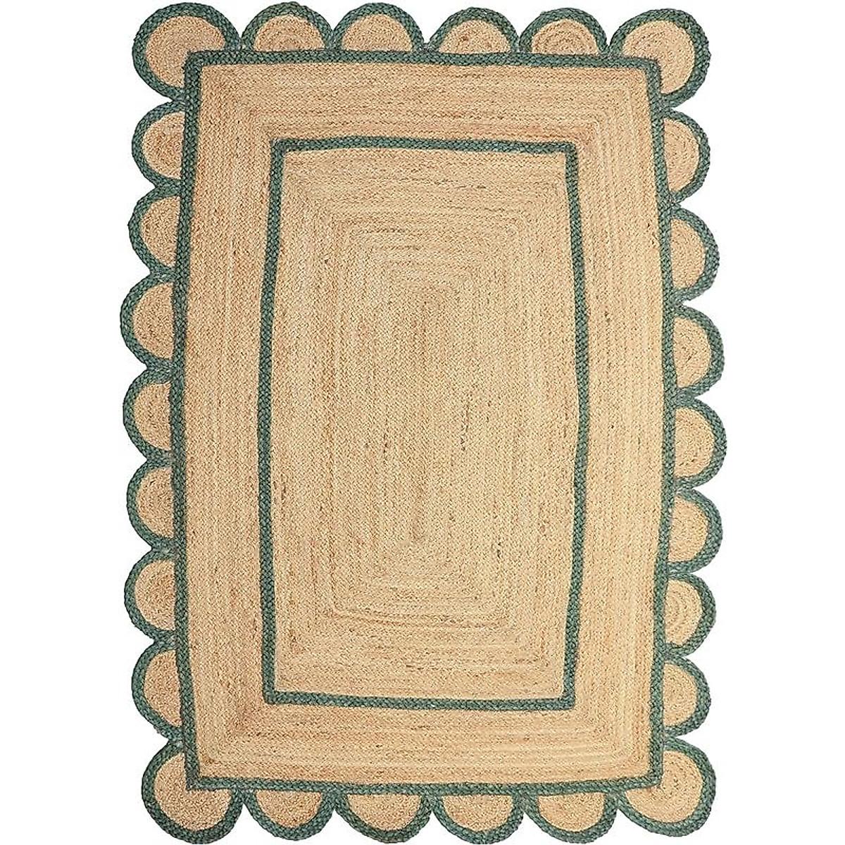 The Weaver House Natural Scalloped Jute Area Rug Bohemian Scallop Boho Decor Area Handwoven Custom Rugs Decorative Rug Reversible Braided Rugs (BD6-6x9-GRN)