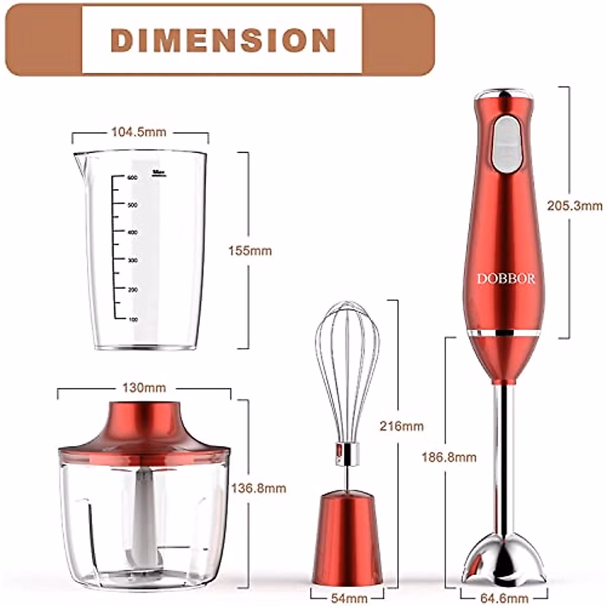DOBBOR Immersion Blender, 1000W 4 in 1 Hand Blender with Chopper, Whisk, 600ML Mixing Beaker, Electric Stick Blender, Ergonomic handle with Anti Splash & Collision