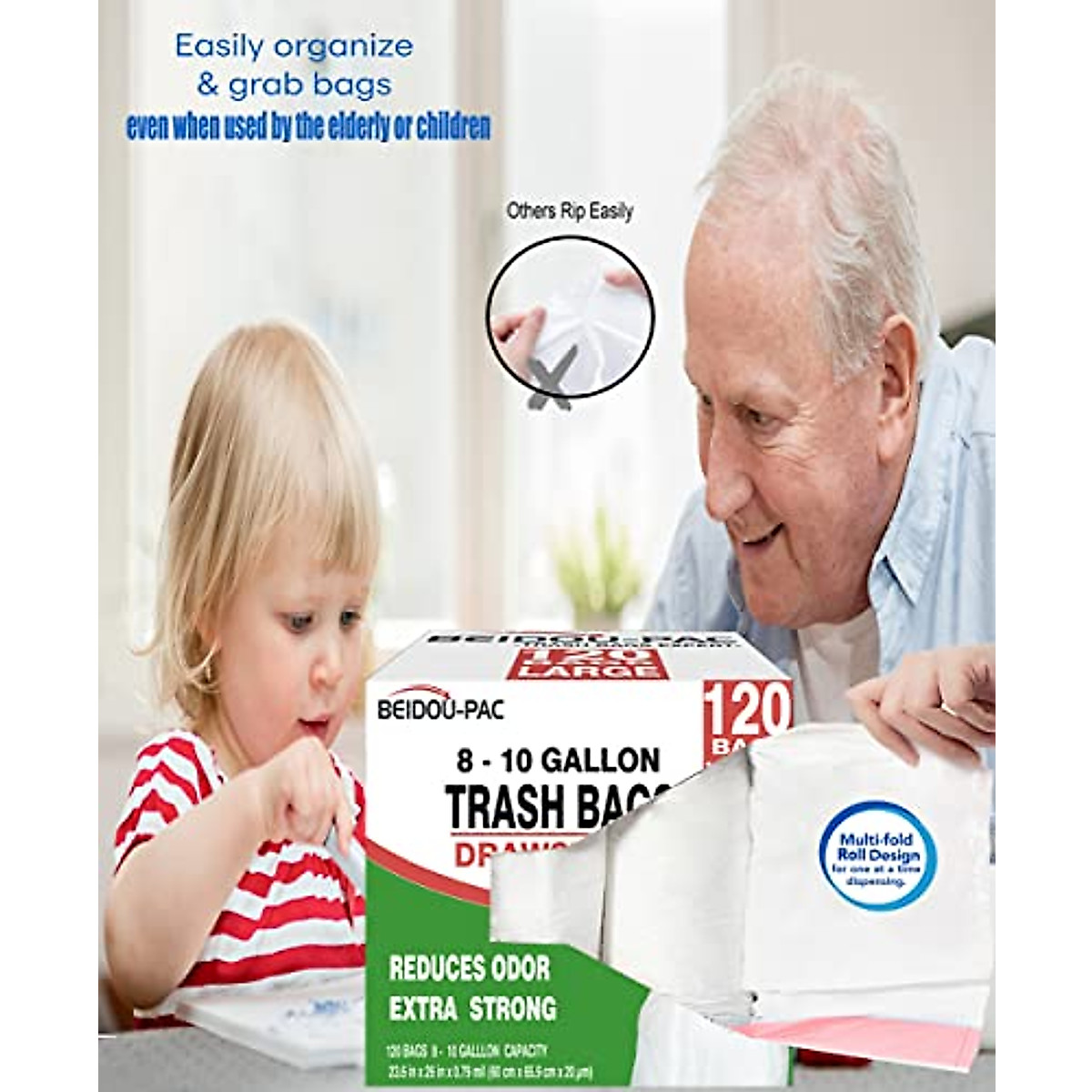 BEIDOU-PAC Trash Bags 8-10 Gallon Drawstring, 120 Count, Multifold Roll Garbage Bags, Large Kitchen Trash Bags, Odorless & Heavy Duty White Plastic Food Scrap Bags for Bathroom Bedroom Office Waste