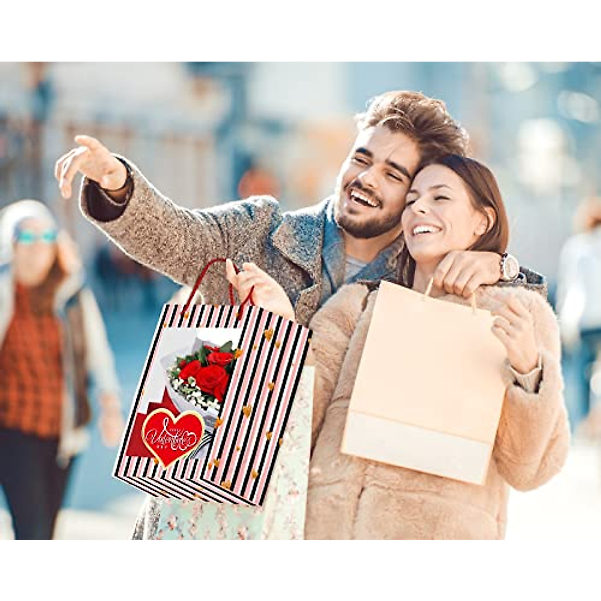 FaCraft Valentines Gift Bags with Handles Funny Valentine's Day Gift Bag with Clear Window,Happy Valentine's Day Gift Bag with Tissue Paper for Her Him Girlfriend Boyfriend Husband Wife Women Men