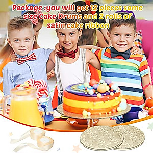 12 Pieces 10 Inch Cake Drums Round with 2 Rolls 1.6/1 Inch Satin White Ribbon Sturdy Cake Boards Wooden Cake Decorating Plate Cake Stands Drum for Home Wedding Bakery Supplies (Gold)