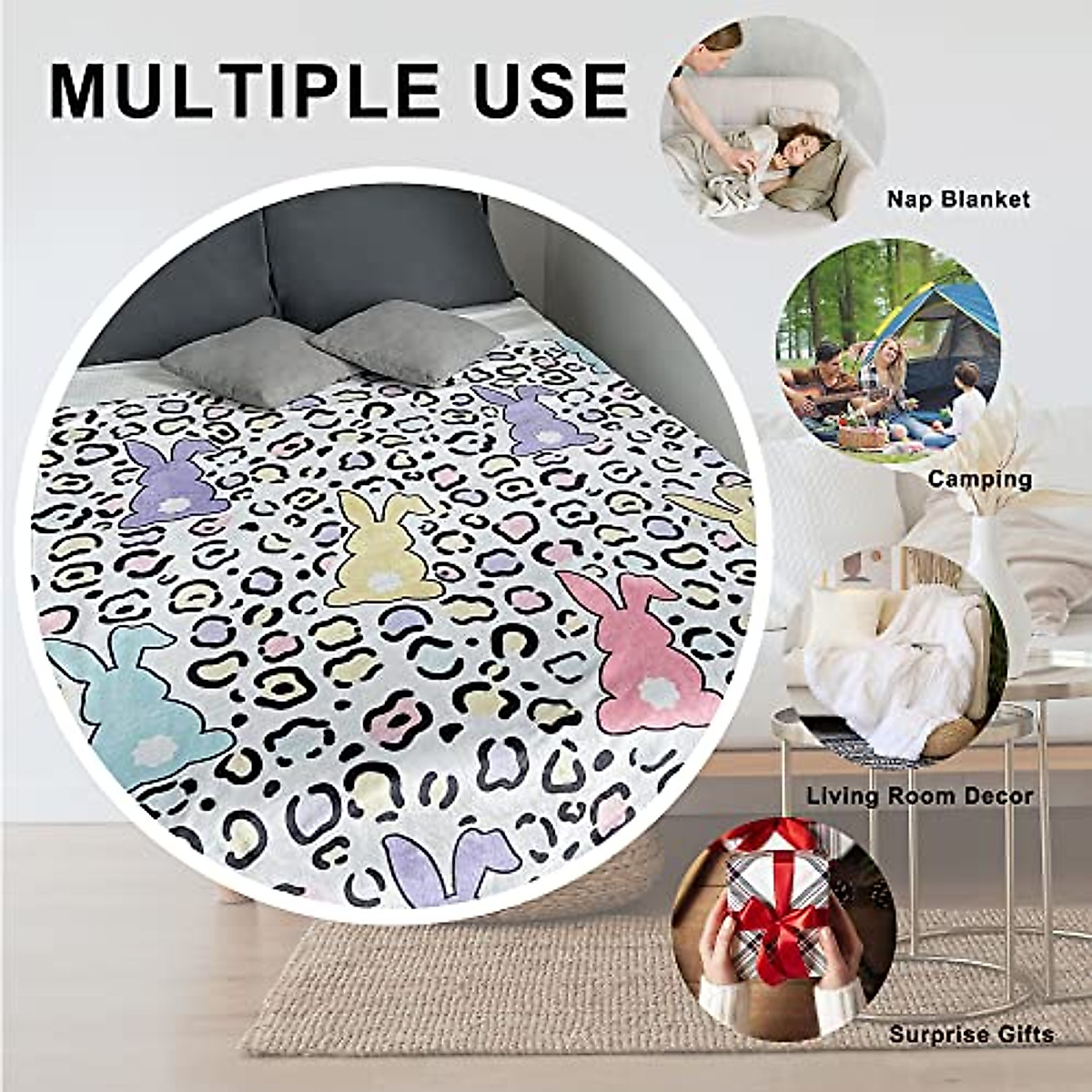 JUNJIELI Easter Blanket Spring Rabbit Easter Throw Blankets Colorful Eggs Flowers Flannel Bunny Ear Cozy&Soft Plush Fuzzy Snuggle Bed Sofa Camping Travel 50"x60"