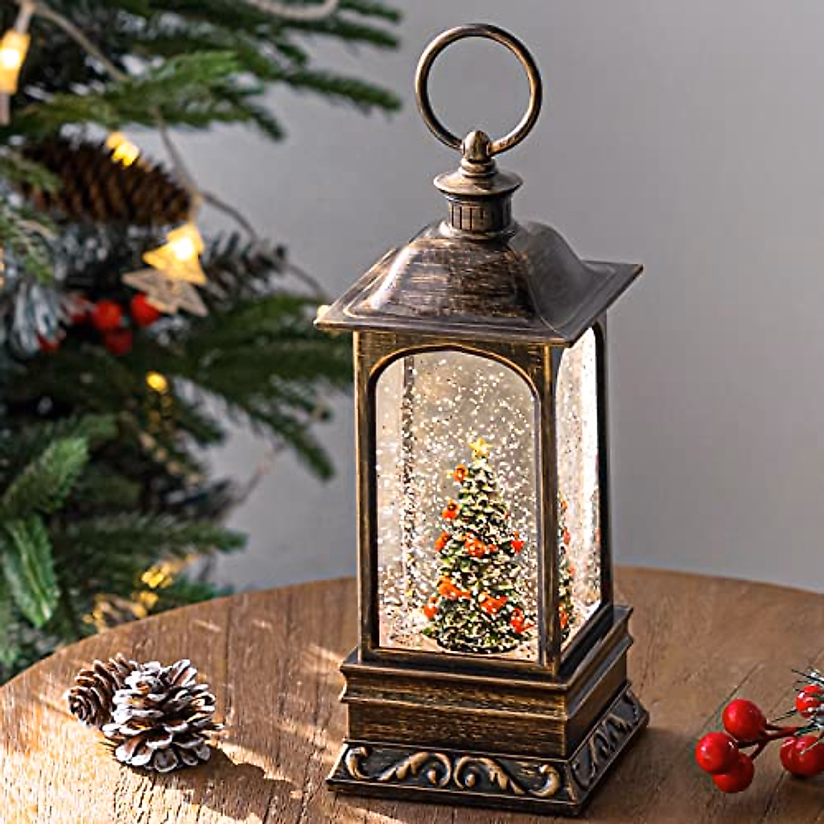 10'' Lighted Christmas Tree Cardinals Music Snow Globe Water Lantern with Swirling Glitter Decoration for Christmas Home, Living Room, Battery Operated or USB Powered