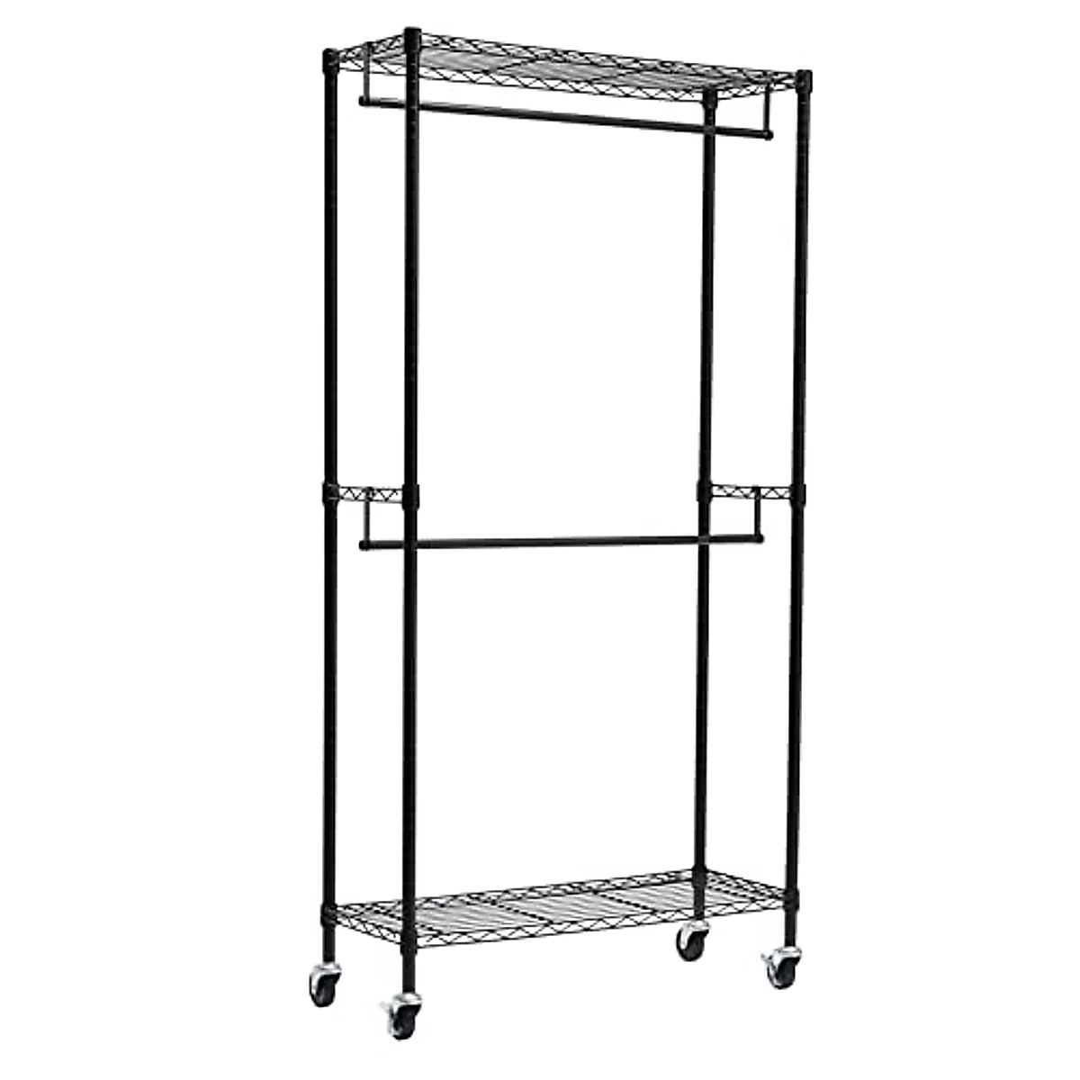 Amazon Basics Double Hanging Rod Garment Rolling Closet Organizer Rack, Black & Expandable Metal Hanging Storage Organizer Rack Wardrobe with Shelves, 14"-63" x 58"-72", Black