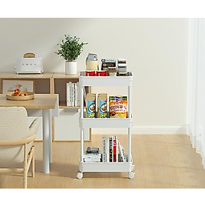 Sooyee 3-Tier Plastic Rolling Utility Cart with Wheels, Multi-Functional Storage Trolley for Office, Living Room, Kitchen, Movable Storage Organizer with Wheels, White