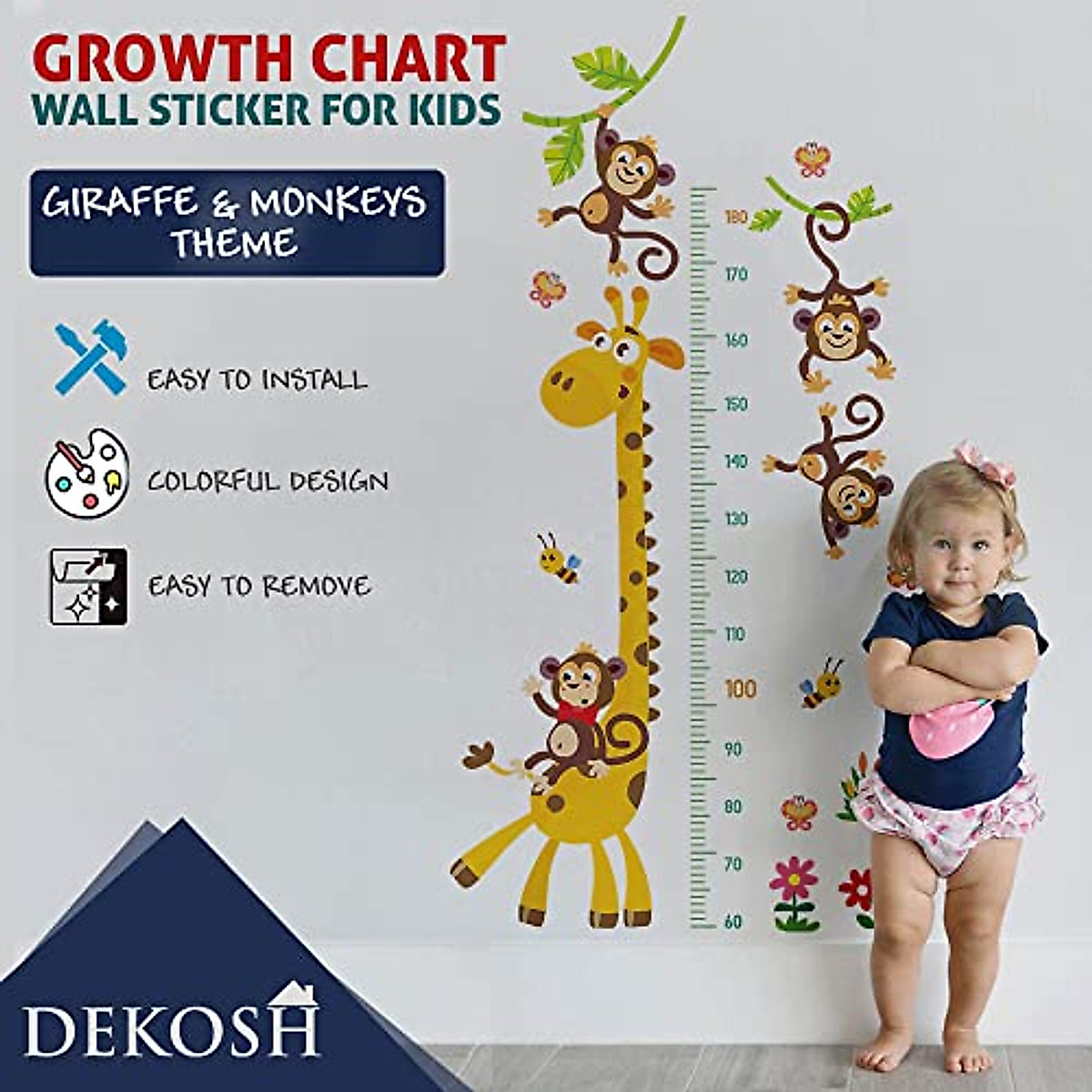 DEKOSH Giraffe & Monkeys Kids Height Wall Chart | Peel & Stick Nursery Wall Decals for Baby Bedroom, Toddler Playroom