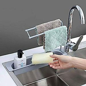 Gohfeoeo Telescopic Sink Storage Rack Adjustable Sink Organizer Sink Storage Sponge Soap Holder with Dishcloth Hanger Expandable Storage Drain Basket for Home Kitchen(Gray)