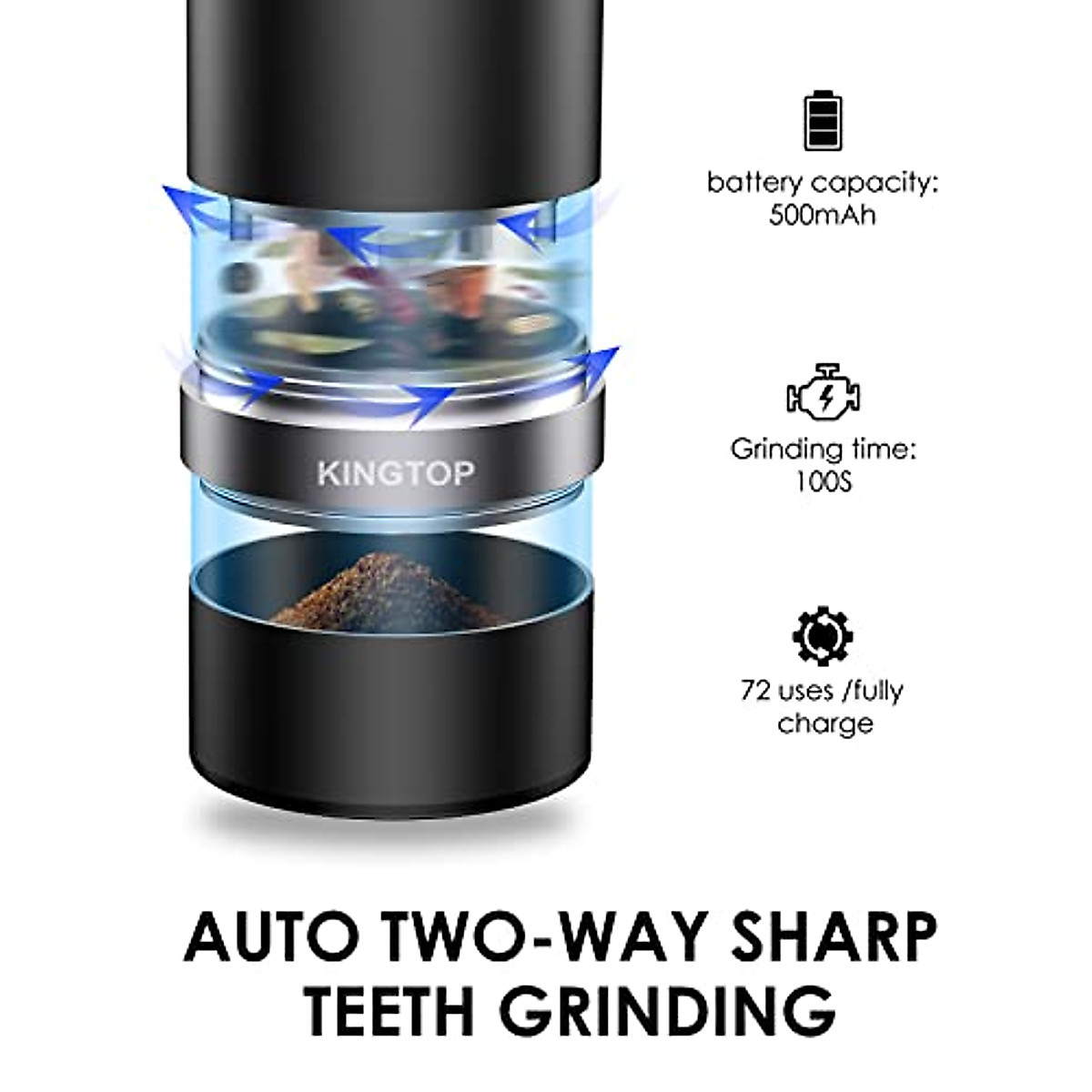 KINGTOP Electric Grinder, Portable Automatic Electric Herb Grinder, Metal Rechargeable Electric Spice Grinder (Black)