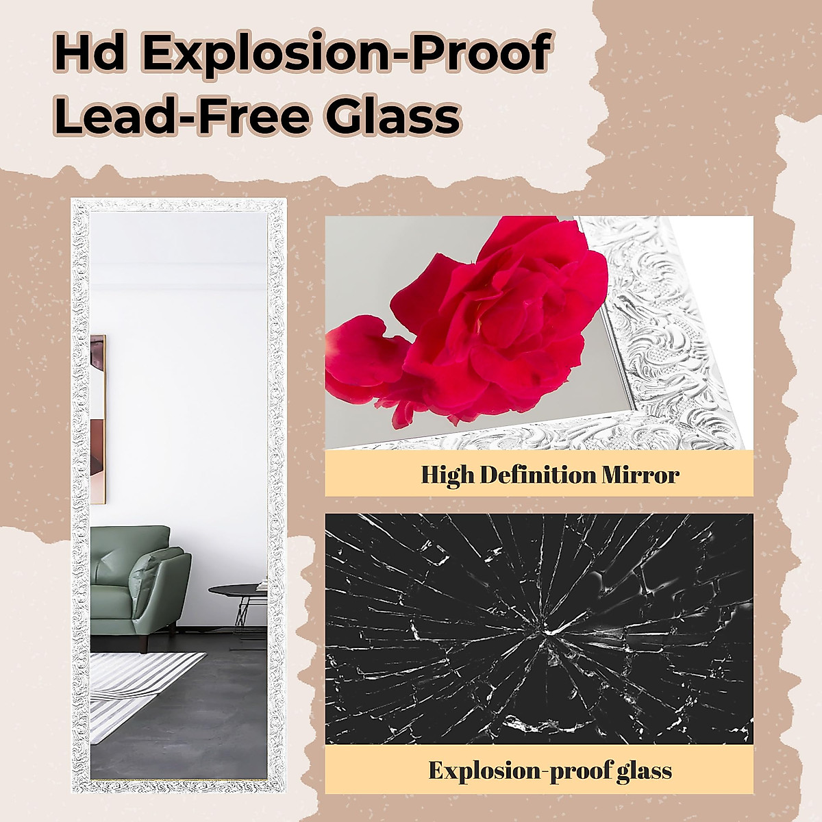 LFT HUIMEI2Y Door Mirror Full Length, Wall-Mounted Mirror Rectangle Tall with Engraving Frame, Over The Door Hanging Mirror for Bedroom, Living Room, Dressing Room, White 50" x14"