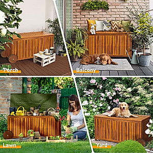 VINGLI 57 Gallon Wooden Outdoor Storage Box, Acacia Patio Storage Deck Box with Wheels, Outdoor Storage Bin Design with Water-Resistant Inner Bag, Garden Organizer Box for Indoors & Outdoors