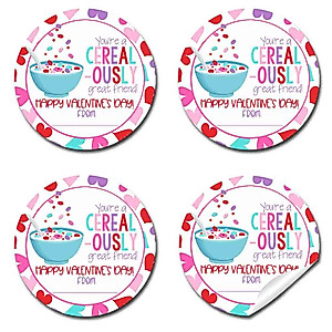 Great Friend Breakfast Cereal Themed Valentine Party Favor Sticker Labels for Kids, 40 2" Party Circle Stickers by AmandaCreation, Great for Classroom Valentines, Envelope Seals, Gifts, Treats