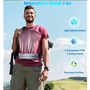 Portable Waist Fan with 2 Cooling Plates, Wearable Clip on Fan 5000mAh Rechargeable Travel Fan 3 Speeds 6000RPM Strong Airflow, Personal Body Shirt Fan Belt Clip Fan for Outdoor Work Camping Fishing