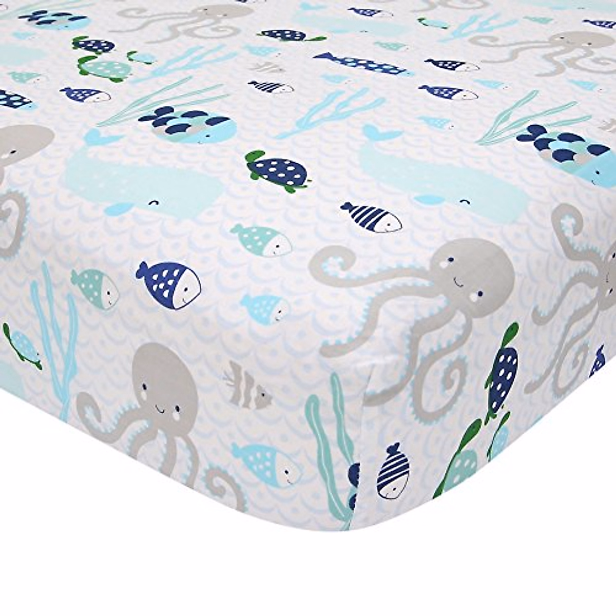 Lambs & Ivy Oceania 100% Cotton Fitted Crib Sheet - White with Blue Nautical/Aquatic Fish and Octopus