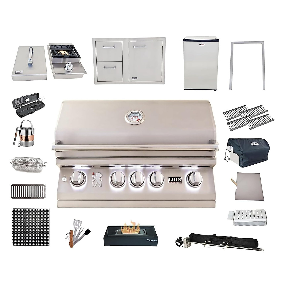 AMS Fireplace, Lion 40 Inch Grill Package w Double Access Drawer and Horizontal Single Door side burner Refrigerator Liquid Propane