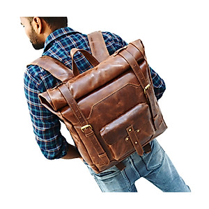Erangle Men Genuine Leather Laptop Backpack Rucksack Shoulder Roll on Vintage Travel Bag Brown (Brown, 14” (L) x 24” Open (H) – 16” Rolled x 4” (W))