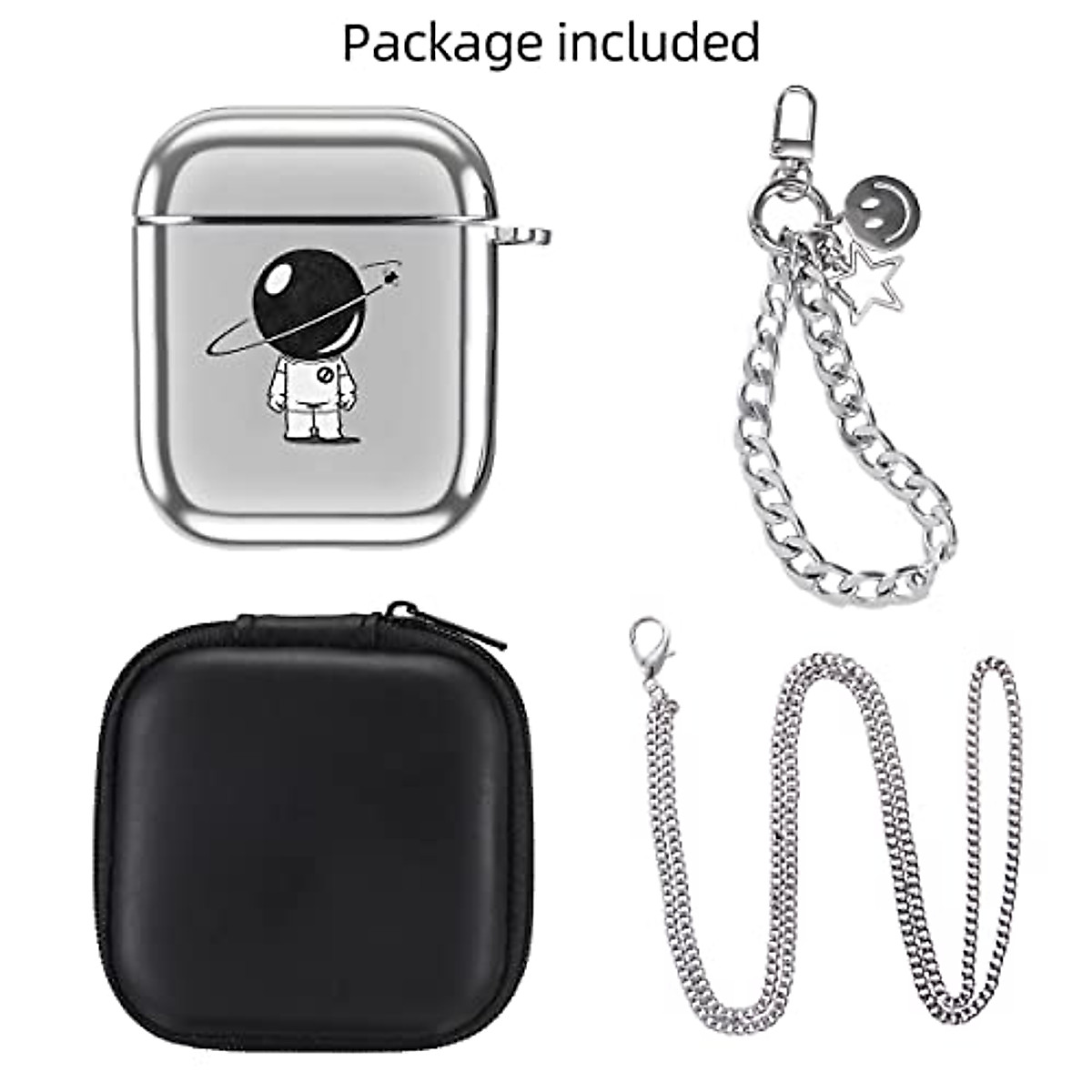 Cute Astronaut Space for AirPods Case with Keychain and Necklace, Soft TPU Plated Shockproof Protective Cover for Women Girls Compatible with Apple AirPods 1&2