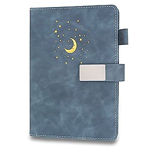 Lined Journal Notebook for Men & Women - 192 Numbered Pages 100gsm Thick Paper Vegan Leather Hardcover Writing journals - A5 Ruled Personal Diary for Work School - Moon and Stars (Blue)