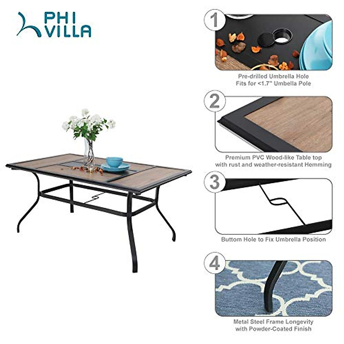 PHI VILLA 8 pcs Outdoor Dining Set with 13ft Double-Sided Market Umbrella(Blue), Rectangle Wood-Like Metal Table and 6 Spring Dining Chairs,Slightly Rocking for Garden, Lawn,Yard