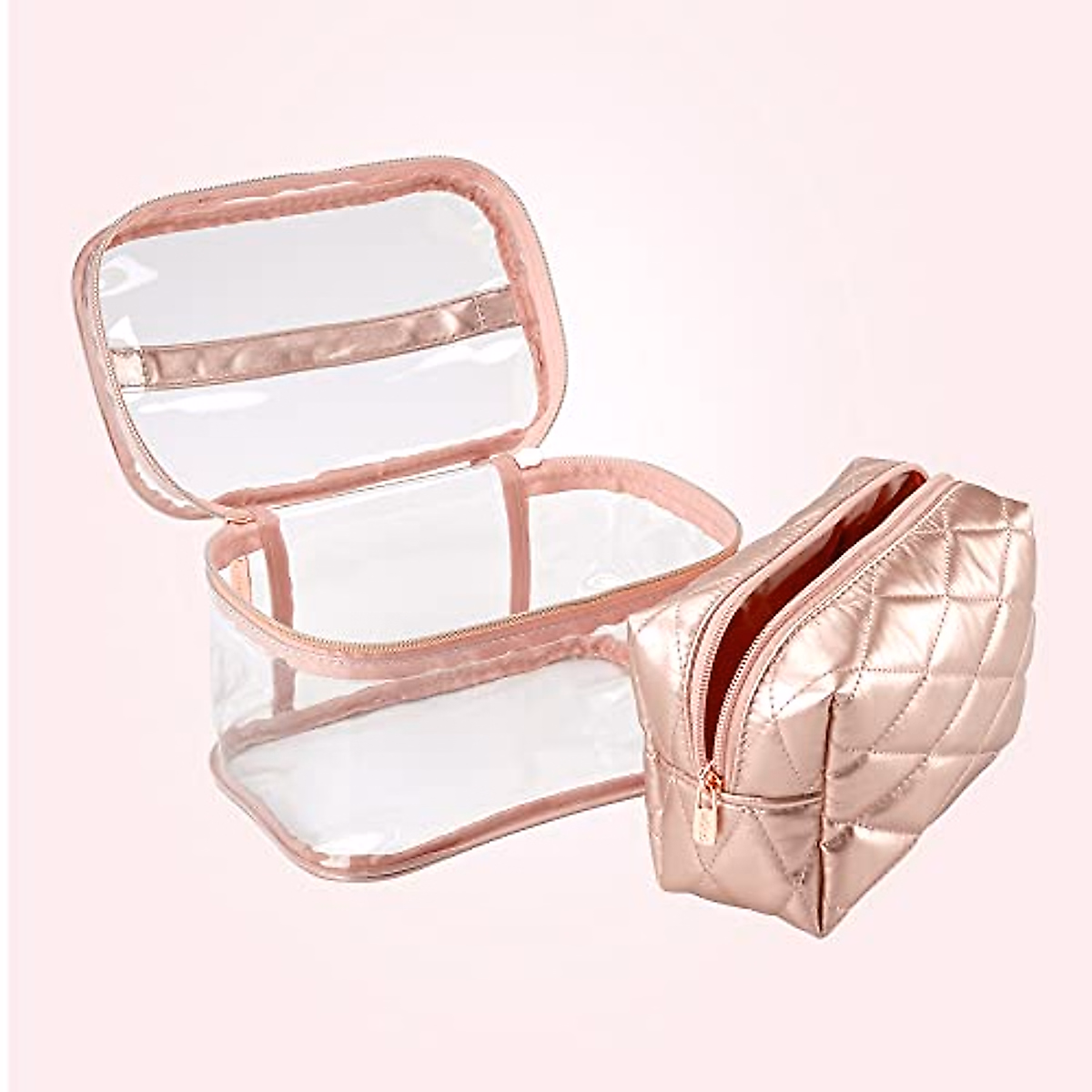 Conair Travel Makeup Bag, Large Toiletry and Cosmetic Bag, Perfect Size for Use At Home or Travel, Two Piece Train Case Set in Rose Pink Metallic Quilt