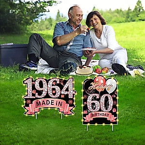 2Pcs Rose Gold 60th Birthday Yard Sign Decoration with String Lights for Women,Happy 60th Birthday Made in 1964 Lawn Sign Party Supplies, Sixty Year Old Birthday with Lights Yard Decor with Stakes