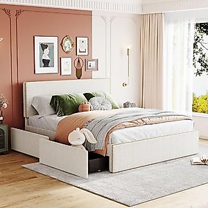 HBRR Queen Bed Frame with 4 Drawers, Upholstered Platform Queen Size Bed with Headboard Footboard, Wooden Slats Support, No Box Spring Needed, Easy Assembly, White