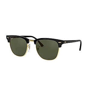 Ray Ban Sunglasses Clubmaster RB3016 W0365 Ebony Black/Arista Gold/Crystal Green, 51mm, Black Frame/Green G-15xlt Lens, 51 mm