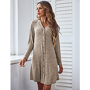 Ekouaer Night Gowns for Adult Women Cozy Winter Pajamas Loungewear Ribbed Knit Sleepwear Button Down Night Shirt Camel