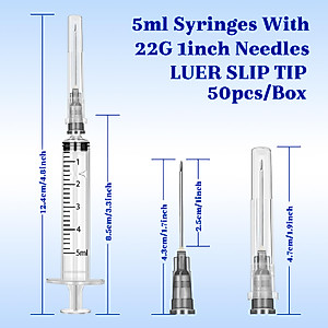 Xuanda 5ml/cc Syringes with Needle Individually Wrapped for Industrial, Scientific, Measuring, Pet Feeding (50 Pack)
