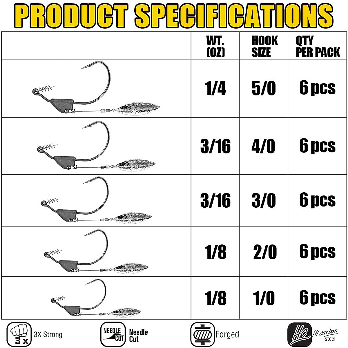 Underspin-Jig-Heads-Swimbait-Hooks-with-Spinner Blades Weighted Fishing Hooks 6 Pack (Silver, Size 3/0,3/16oz 5.4g, 6-pack)
