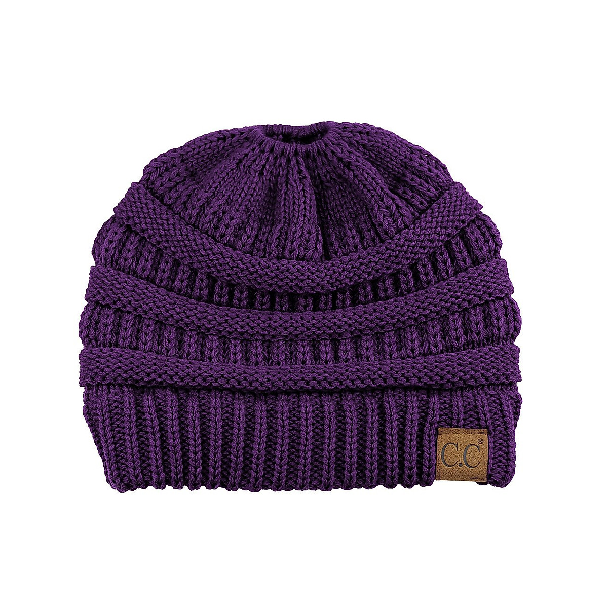 C.C BeanieTail Soft Stretch Cable Knit Messy High Bun Ponytail Beanie Hat, Purple
