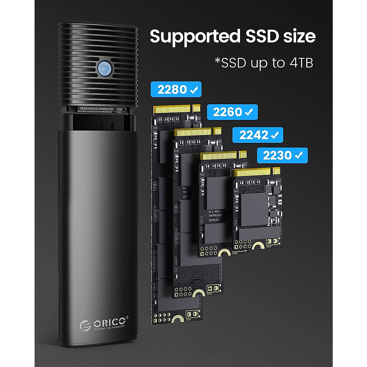 ORICO M.2 NVMe SATA SSD Enclosure Adapter Tool-Free, USB C 3.2 Gen 2 10Gbps NVMe, 5Gbps NGFF SATA PCIe M-Key(B+M Key) 2230/2242/2260/2280, Aluminum External M2 Reader Support UASP Trim- PWDM2-BK