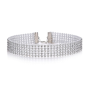 Faruodis Rhinestone Choker Necklace Wide Crystal Choker Necklace 5Row-8Row Diamond Collar Jewelry Silver Plated for Women (5 Row)