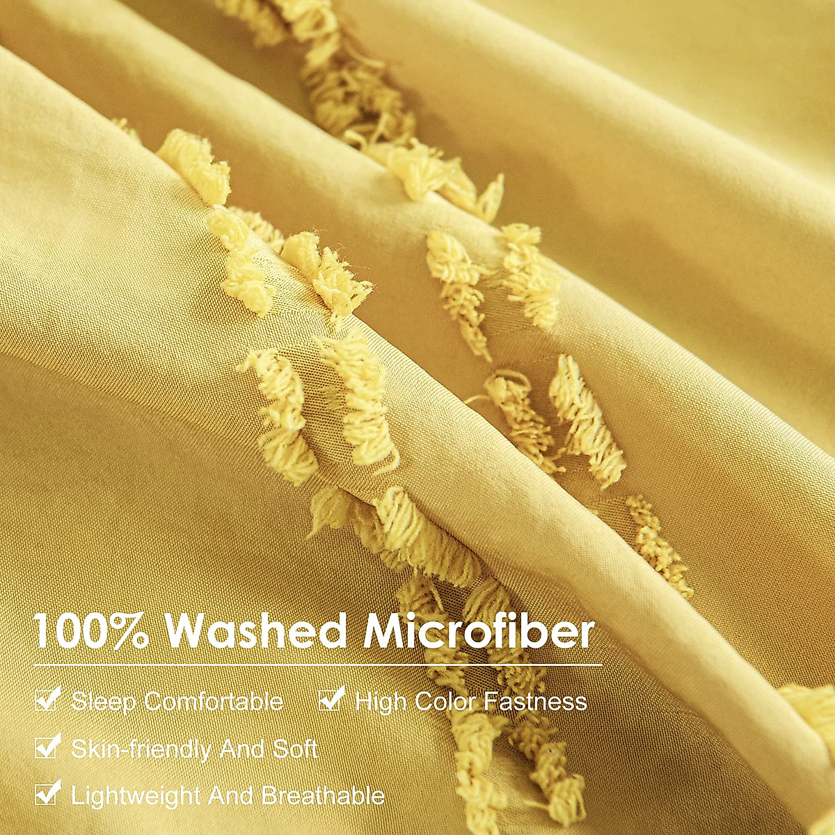 WARMDERN Boho Duvet Cover Set, Tufted Bedding Duvet Covers Soft Washed Microfiber Duvet Cover King Size, 3 Pieces Embroidery Shabby Chic Duvet Cover with Zipper Closure(Yellow, King)