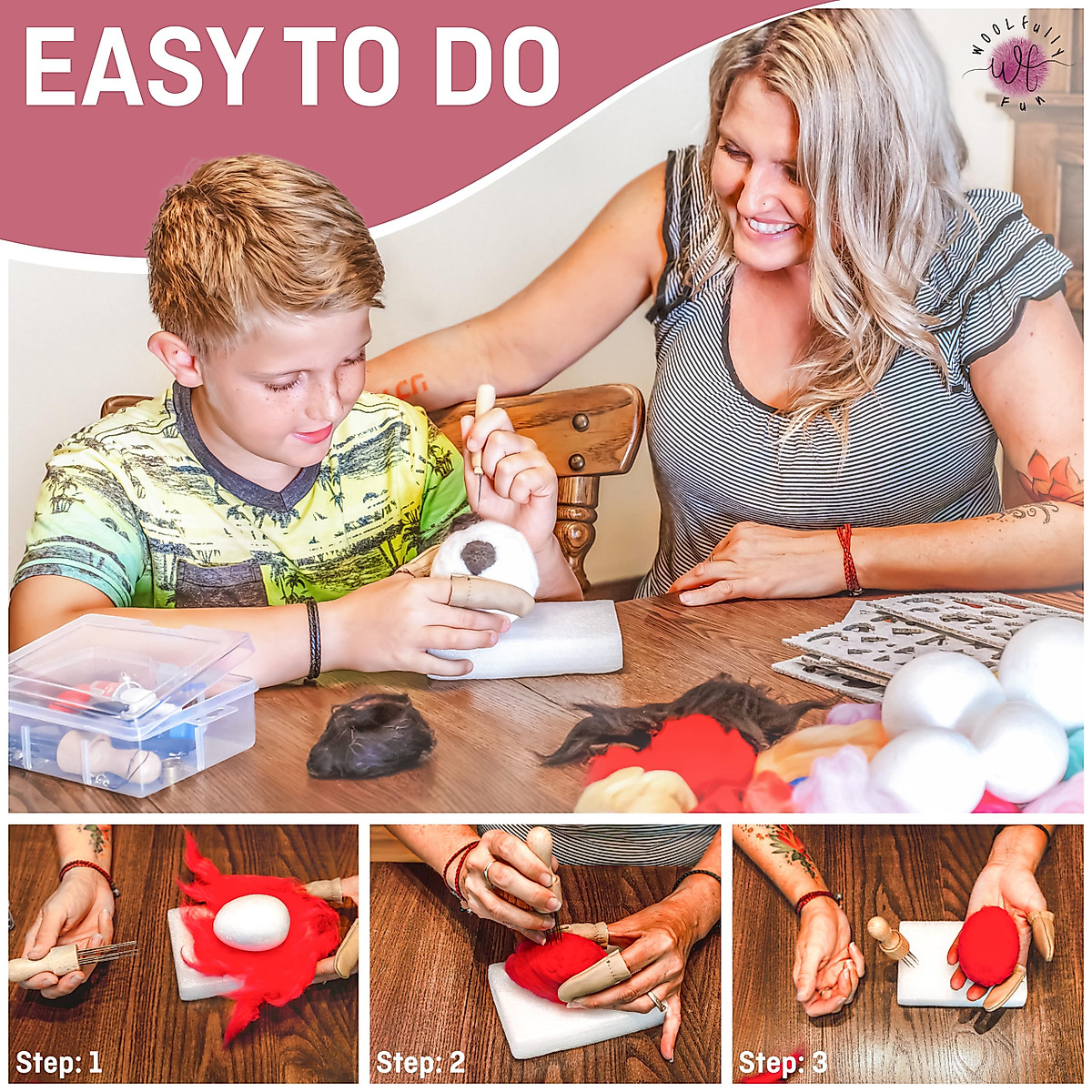 WOOLfully Fun Needle Felting Kit - Beginner Art Craft Kit - Wool Roving, Styrofoam Balls & Eggs - DIY Decor for Adults
