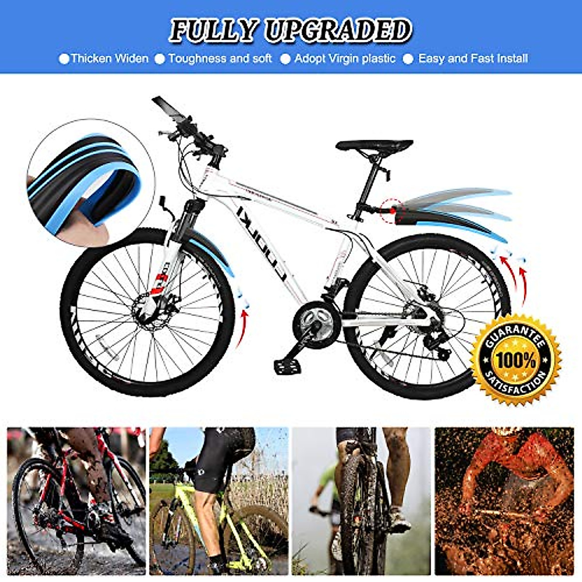 TAGVO Bike Fender Set, 2 Parts-Universal Full Cover Thicken Widen Bicycle Mudguard Set Mountain Bike Front and Rear Mud Guard Portable Adjustable Bike Fender Mudflap for MTB Mountain Road Bike