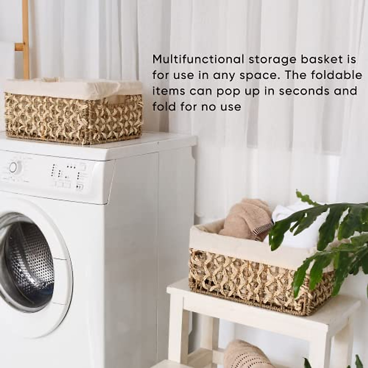 WERORA - Wicker Storage Basket for Shelves with Detachable Lining, Foldable Woven Basket Organizer Bins Set of 2, Seagrass Storage Basket Bins, Rectangle Pantry Baskets for Storage