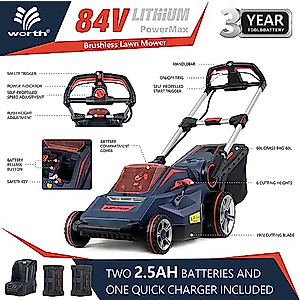 Worth Garden Powermax 84V 19in Electric Lawn Mower with 2 2.5Ah Lithium Batteries, 1 Charger, Brushless Motor, Self-Propelled Cordless Lawnmower Running 70Mins with Removeable 16-Gallon Collection Bag