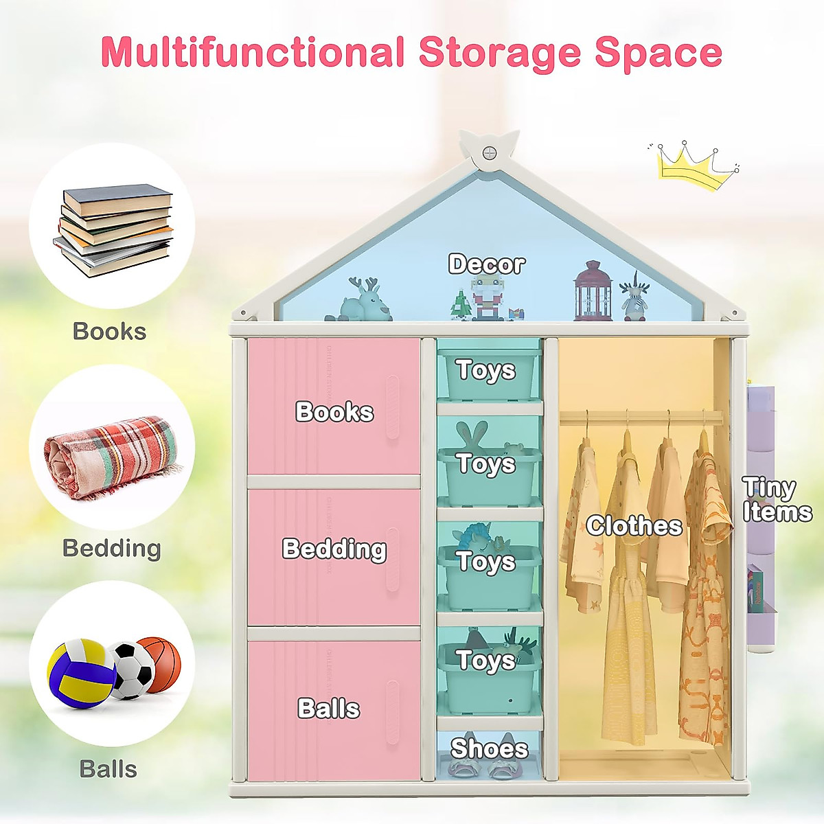 Costzon Kids Costume Storage Closet, Children Pretend Dresser Wardrobe, Open Hanging Armoire Closet with Storage Bins, Shelves, Side Baskets, Dress Up Center Clothing Organizer for Kids (White)