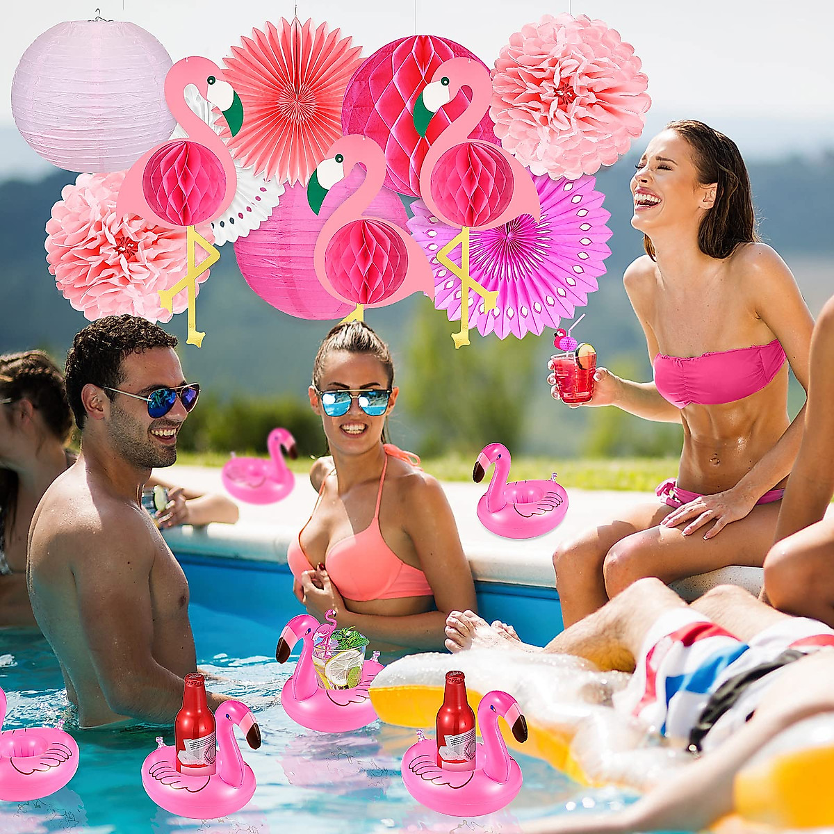 97 Pieces Flamingo Party Decorations Set, Including 36 Inflatable Drink Floats 50 Pink Flamingo Straws 11 Pink Flamingo Party Decorations Reusable Pool Drink Holder Plastic Drinking Straws for Party