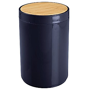 mDesign Plastic Round Trash Can Small Wastebasket, Garbage Bin Container with Swing-Close Lid, Kitchen, Bathroom, Home Office, Bedroom Basket; Holds Waste, Recycling,1.3 Gallon -Navy Blue/Natural