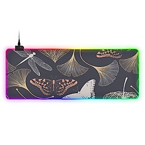 Large RGB Gaming Mouse Pad Floral Pattern Ginkgo Leaves Glowing Extended Mousepad 35.4x15.7in, Soft Anti-Slip Rubber Base Luminous Mouse Mat for Pc Laptop, Gaming, Office, Home