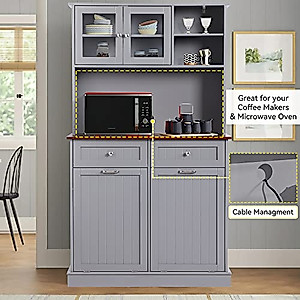 LOUVIXA Kitchen Pantry Storage Cabinet, Microwave Cabinet with Tilt Out Trash Cabinet, Freestanding Kitchen Hutch,Tall Pantry Cabinet Cupboard (Grey)