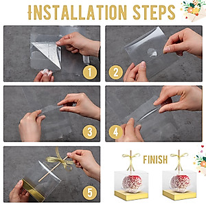 50 Sets 4 x 4 x 4 Inches Clear Candy Apple Boxes with Hole, Base, Sticks and Ribbons Transparent Candy Apple Boxes PET Caramel Apple Box Plastic Gift Boxes for Chocolate Apples Party Supplies (Gold)