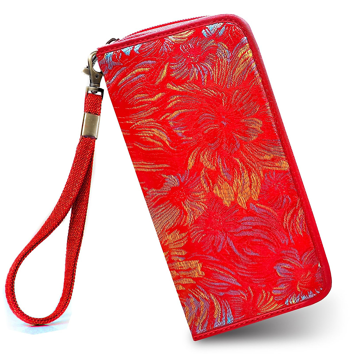 Yongkai Women's Wallet Canvas Wristlets Bag Zip Around Clutch Holder Clutch with Removable Strap Featured Embroidered Multi-card Slot Wallet(Red Flowers)