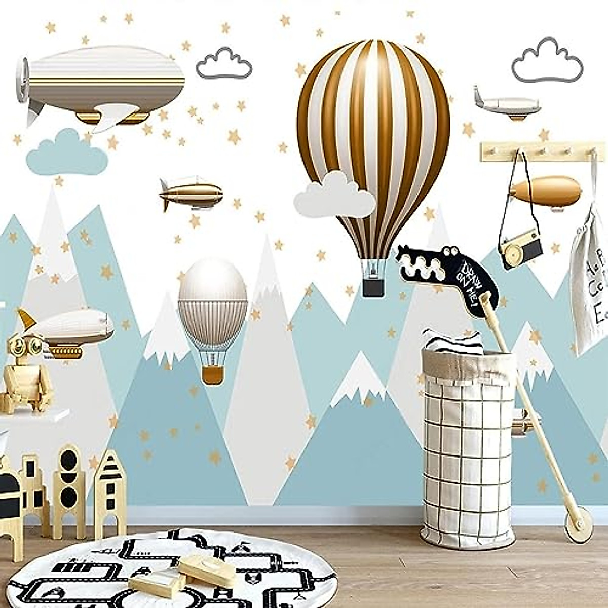 Cartoon Hot Air Balloon Wall Mural Wallpaper, 3D Star Rocket Peel and Stick Self-Adhesive Wallpaper, Removable Large Photo Sticker TV Background Decor for Living Room Bedroom 116" W x 91" H